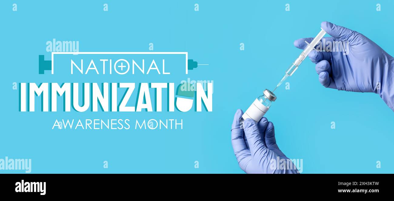 Doctor's hands with syringe and vaccine on blue background. Banner for ...