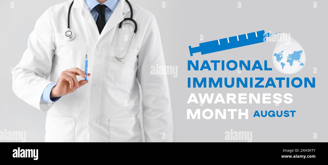 Doctor with syringe on light background. Banner for National ...