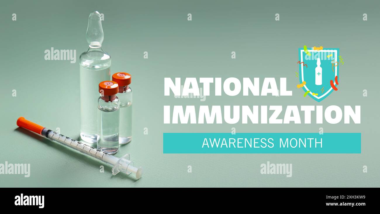 Medical ampules with syringe on green background. Banner for National ...