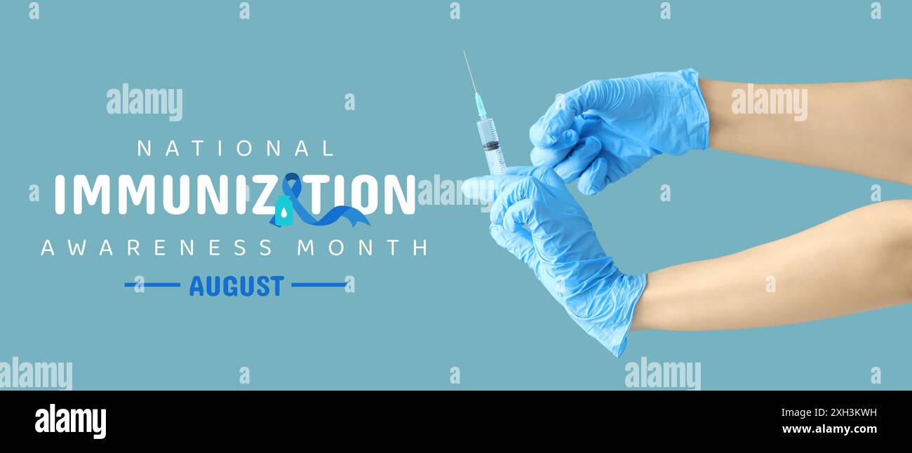 Doctor's hands with syringe on blue background. Banner for National ...