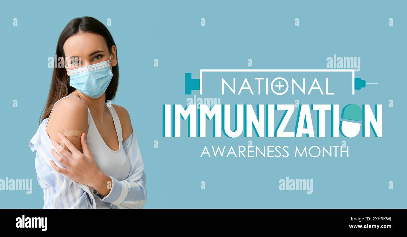 Young woman after vaccination on light blue background. Banner for ...