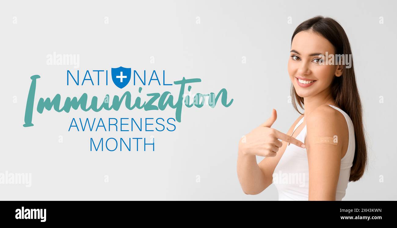 Young woman after vaccination on light background. Banner for National ...