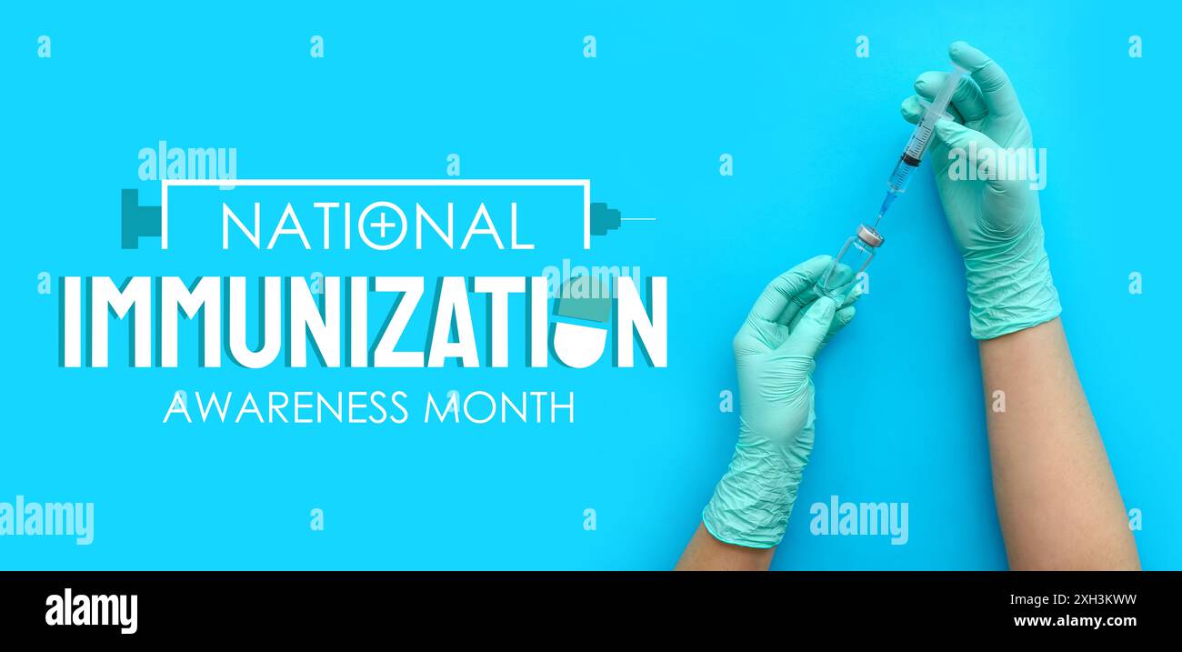 Doctor's hands with ampule and syringe on blue background. Banner for ...