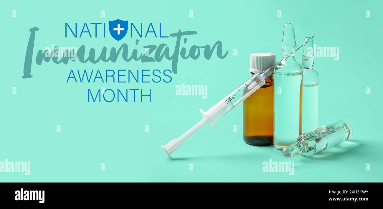 Medical ampules with syringe on green background. Banner for National ...