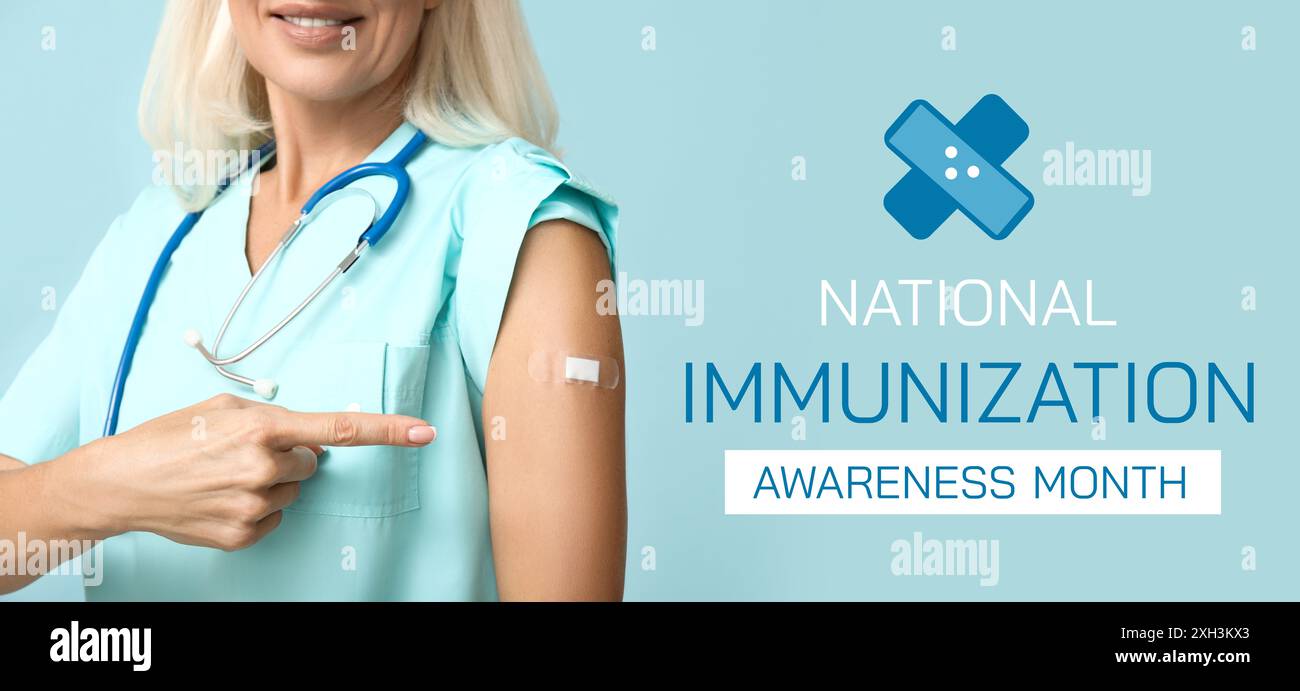 Mature female doctor after vaccination on light blue background. Banner ...