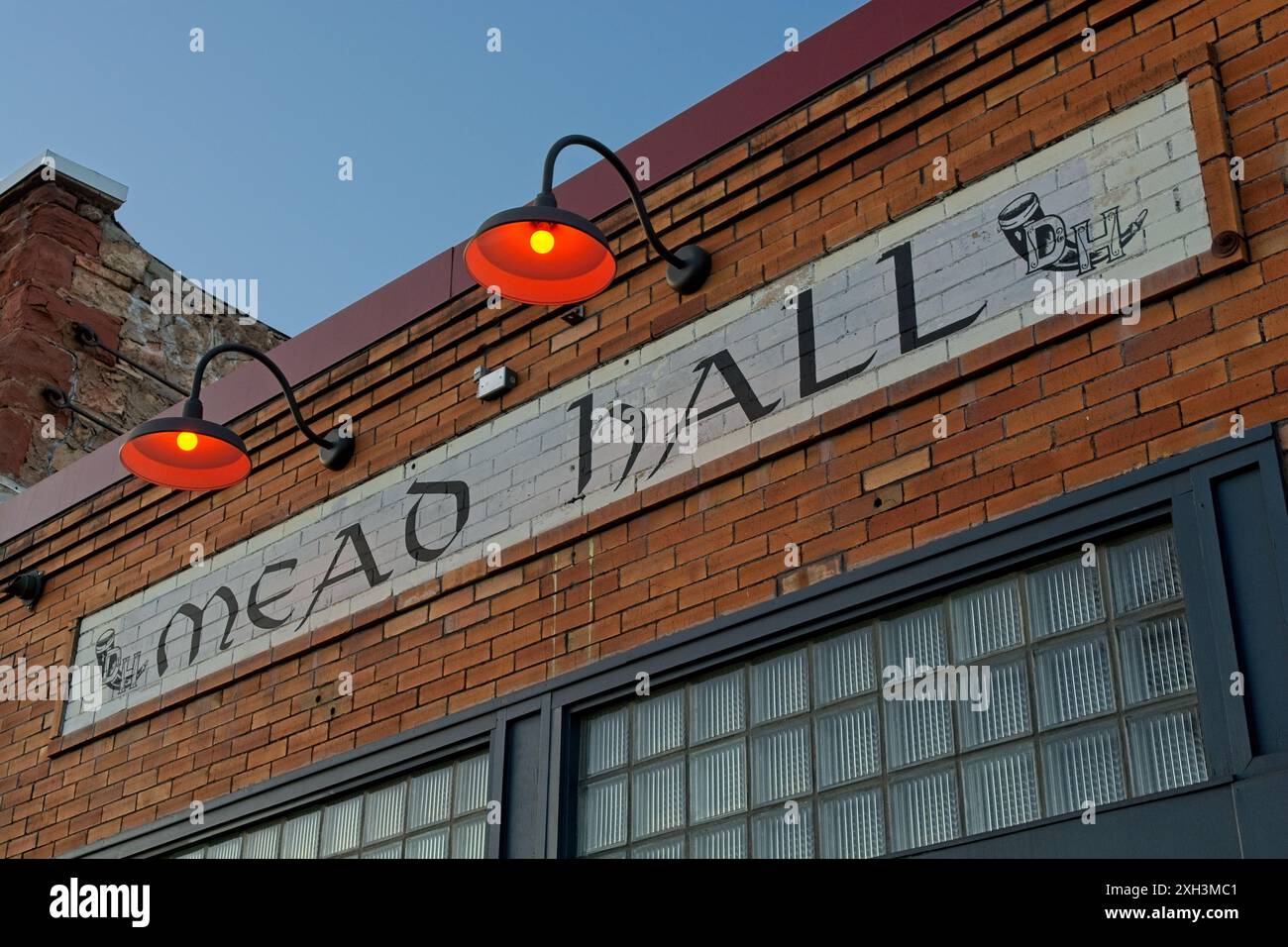 Gooseneck lamps over sign at Mead Hall on famous Route 66 in downtown ...