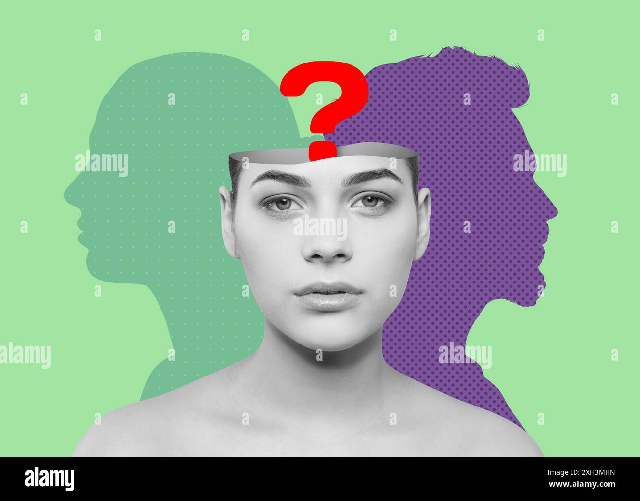 Amnesia. Collage of woman with question mark in head and silhouettes of ...