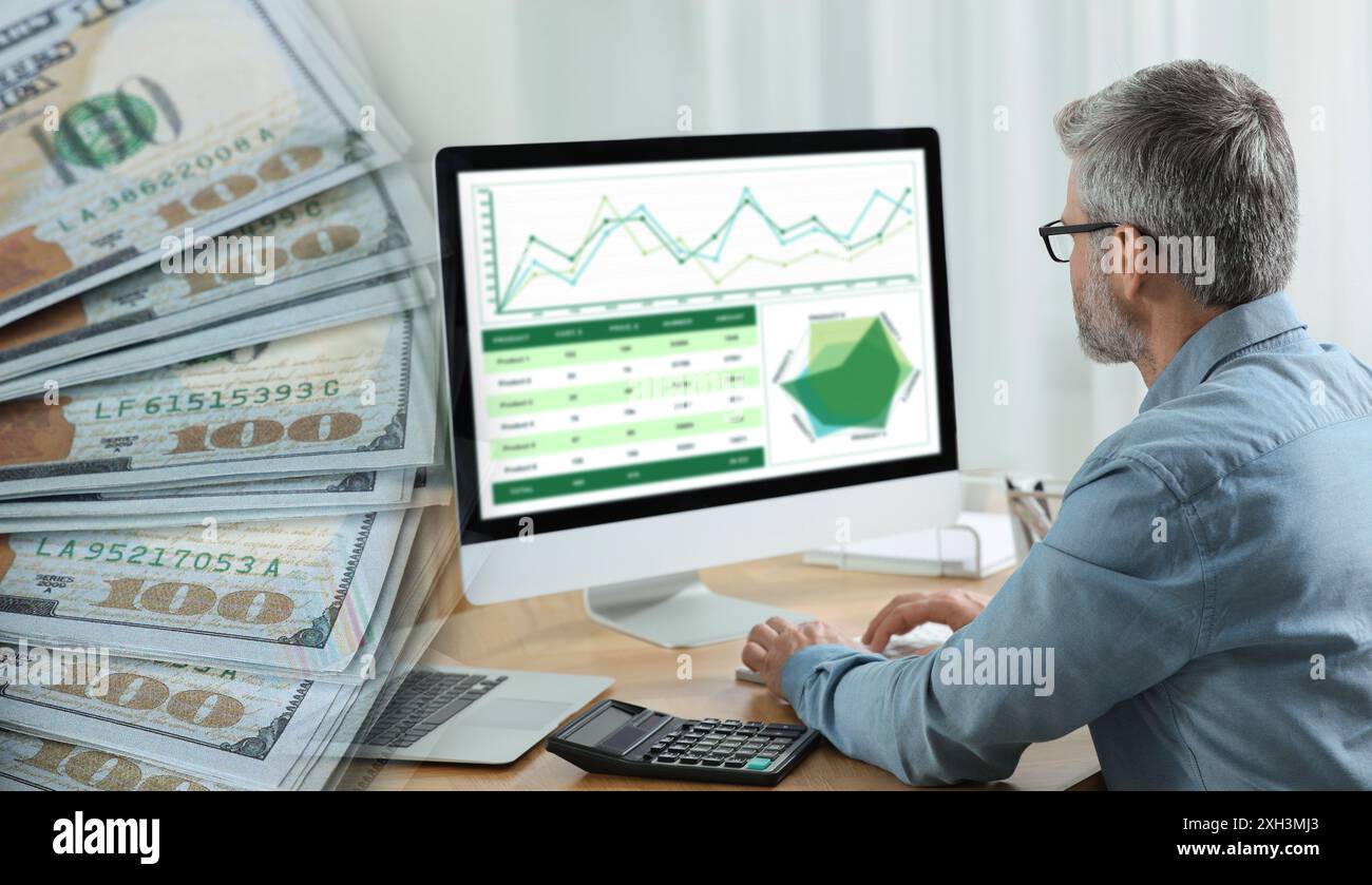 Budget concept, banner design. Dollars and man working on computer at ...