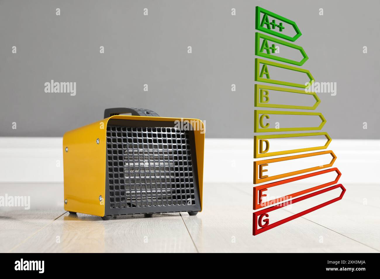 Energy efficiency rating label and electric heater in room Stock Photo ...