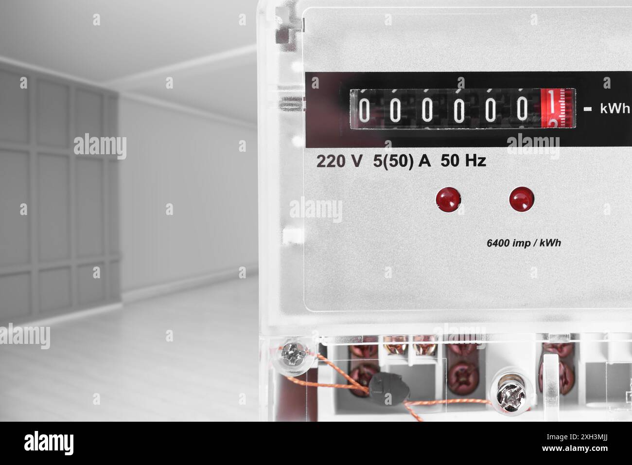Electricity meter indoors, space for text. Measuring device Stock Photo ...