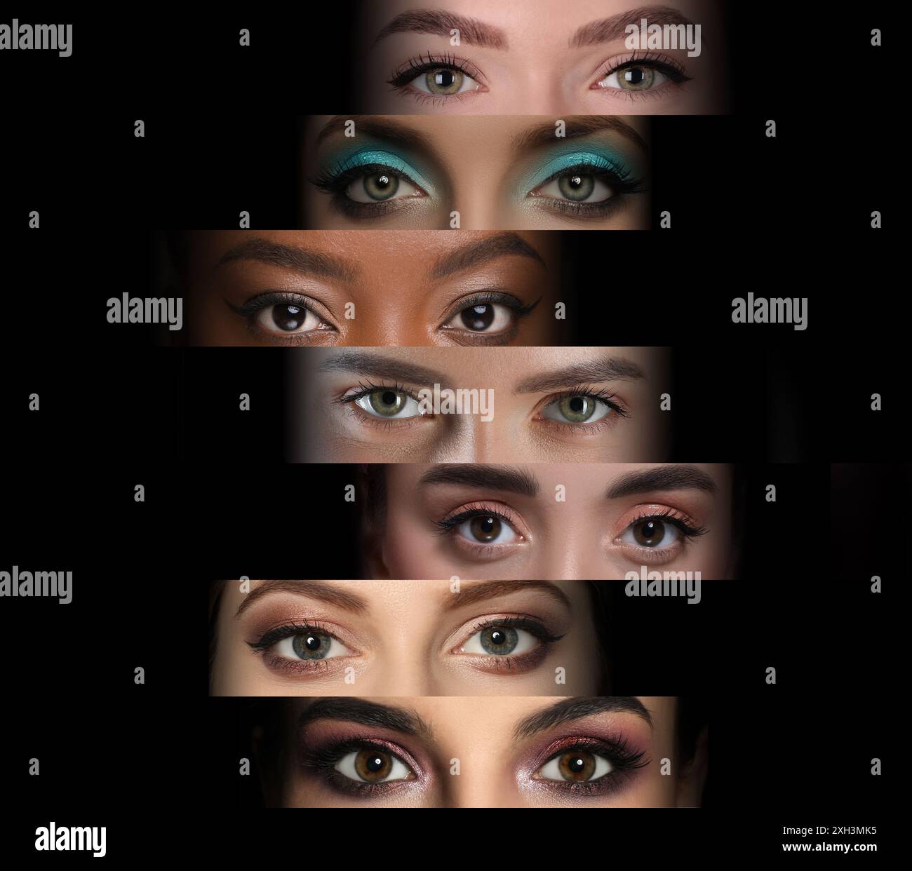 Different women and men on black background, closeup. Collage of photos ...