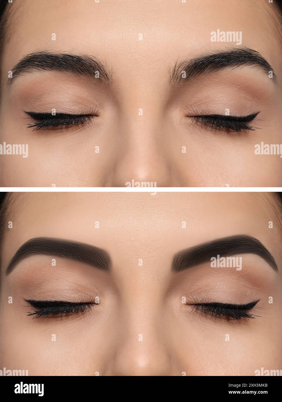 Beautiful woman before and after permanent makeup eyebrow procedure ...