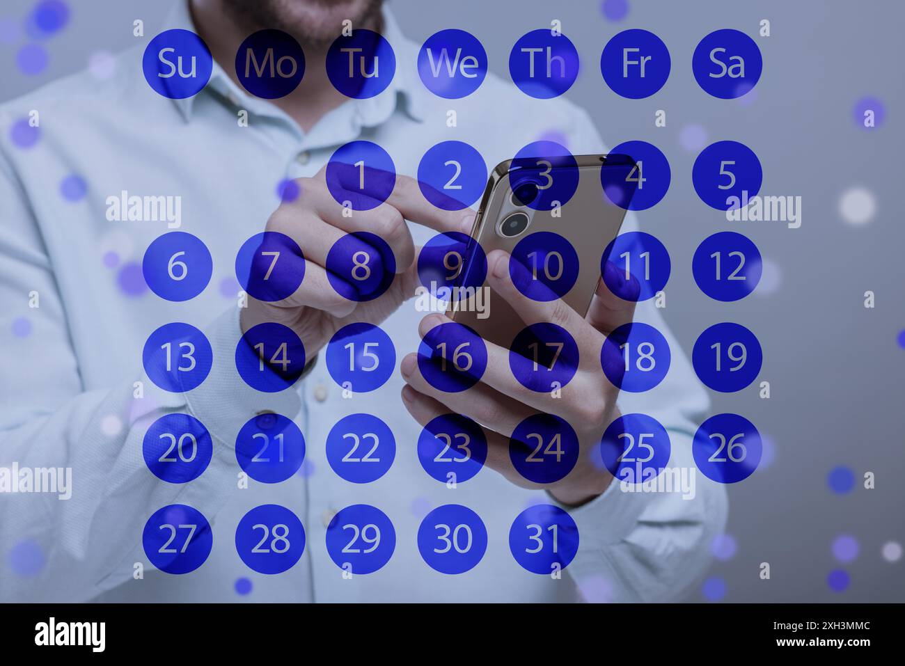 Man making timetable in mobile phone at table. Virtual calendar in ...