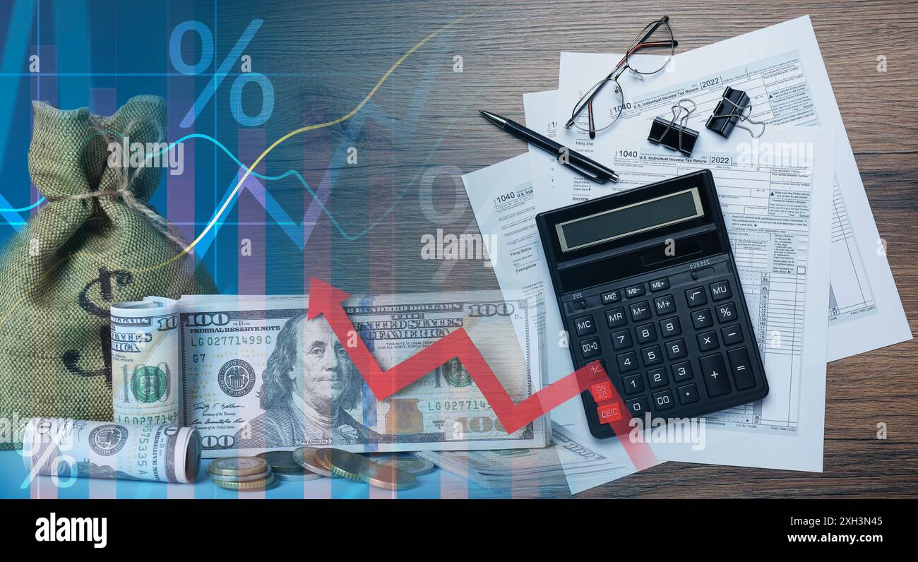 Budget concept, banner design. Money, graphs and calculator, multiple ...