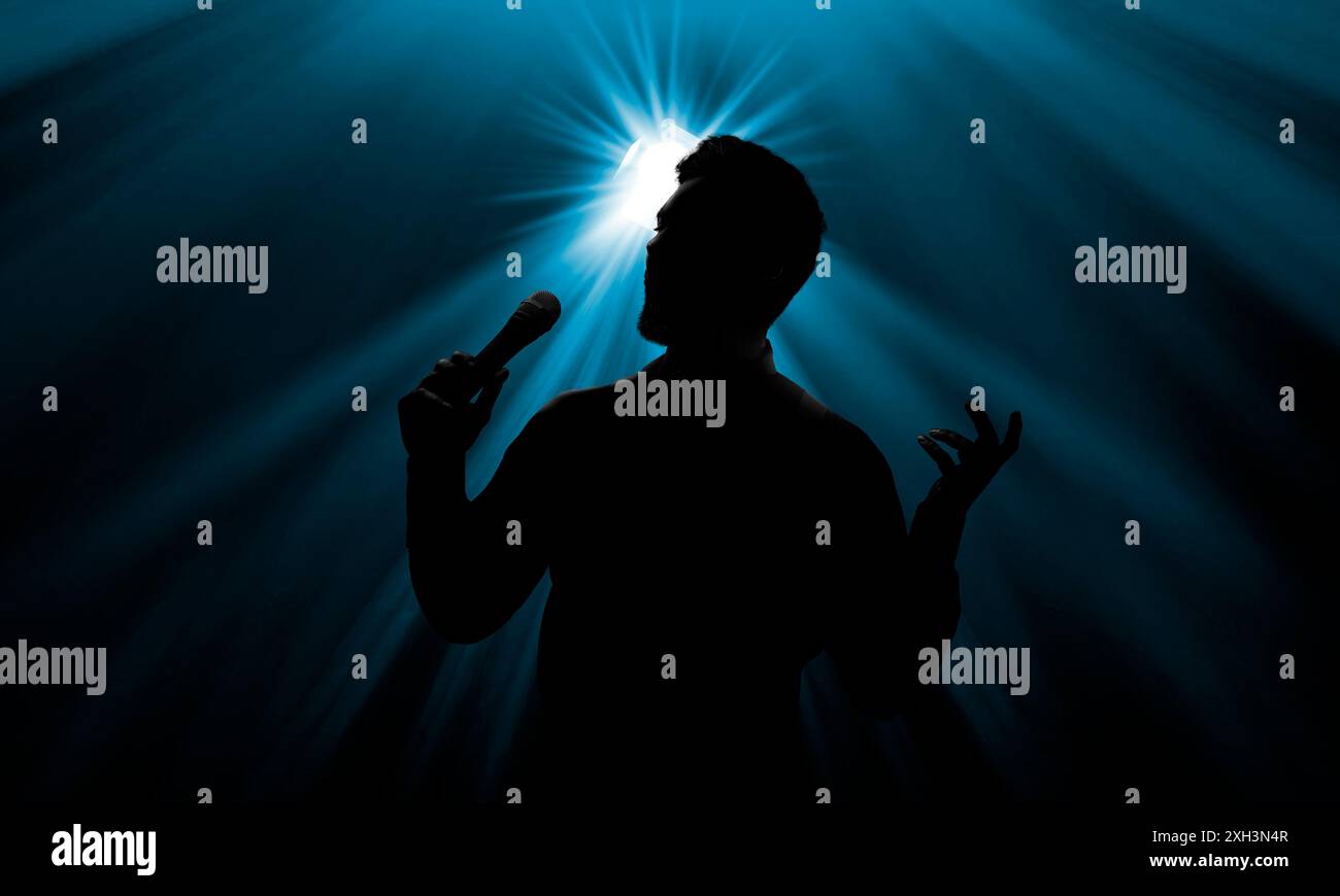 Silhouette of singer on stage in spotlight. Banner design Stock Photo ...