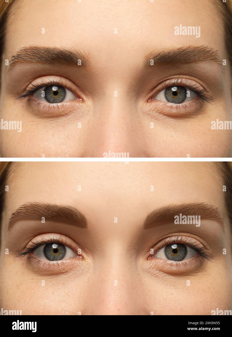 Beautiful woman before and after permanent makeup eyebrow procedure ...