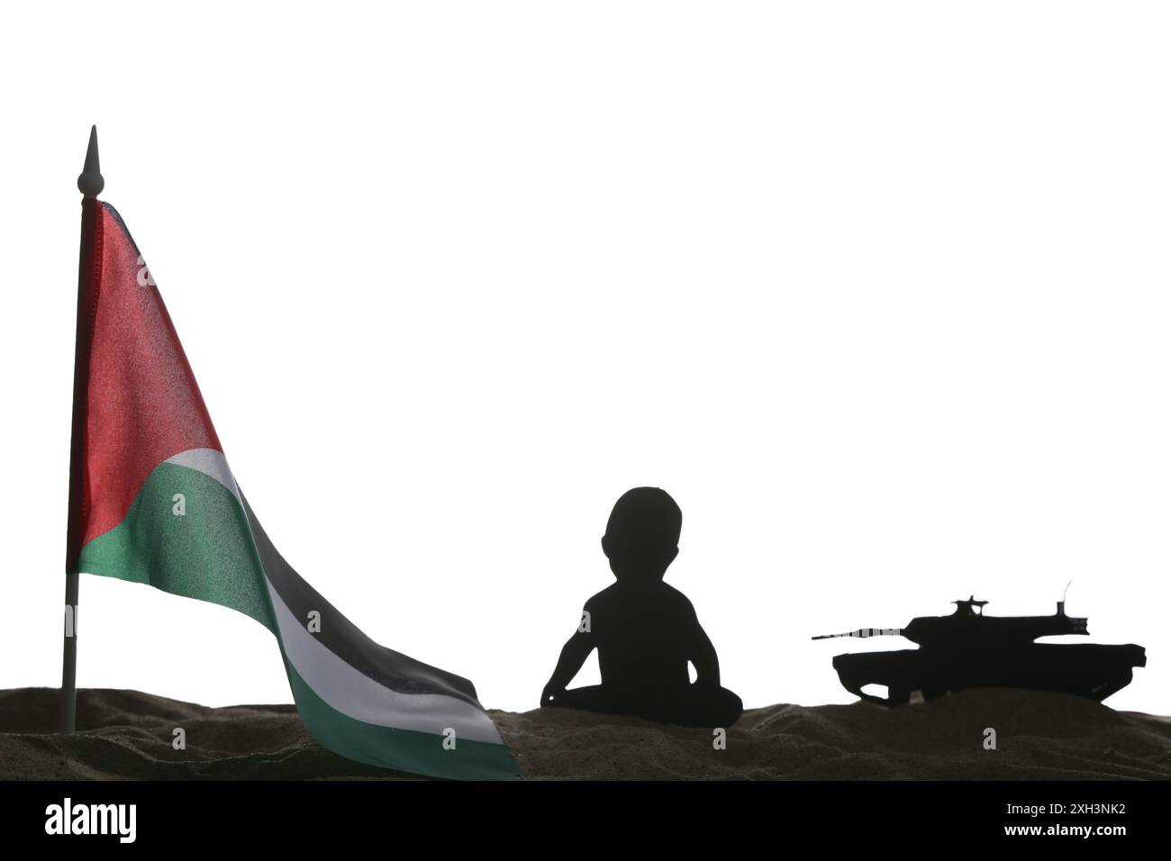 Silhouette of child and tank with flag of Palestine on sand against ...