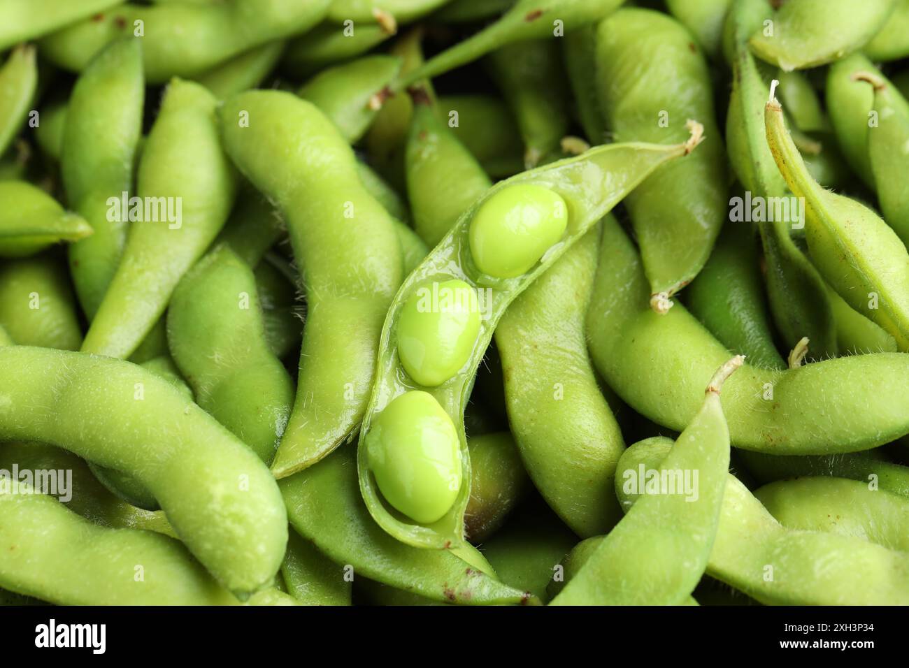 Fresh edamame pods with soybeans as background, above view Stock Photo ...