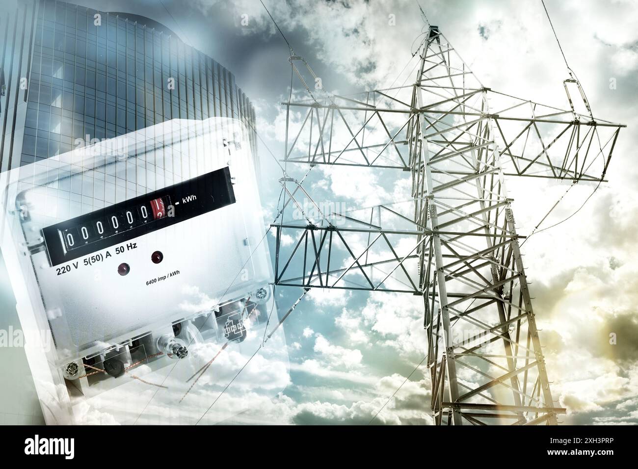 Electricity meter, building and high voltage tower, multiple exposure ...