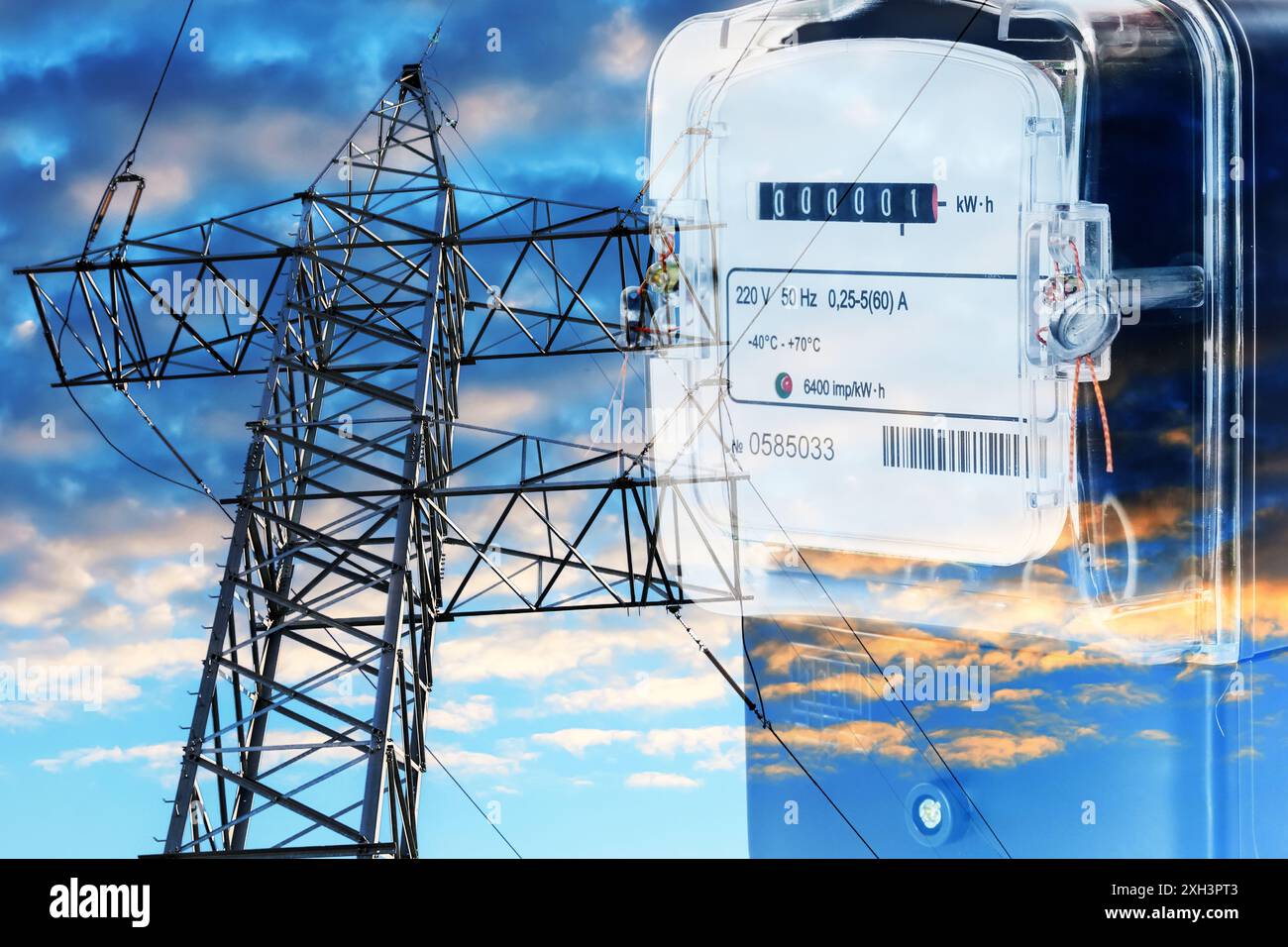 Electricity meter and high voltage tower, double exposure Stock Photo ...