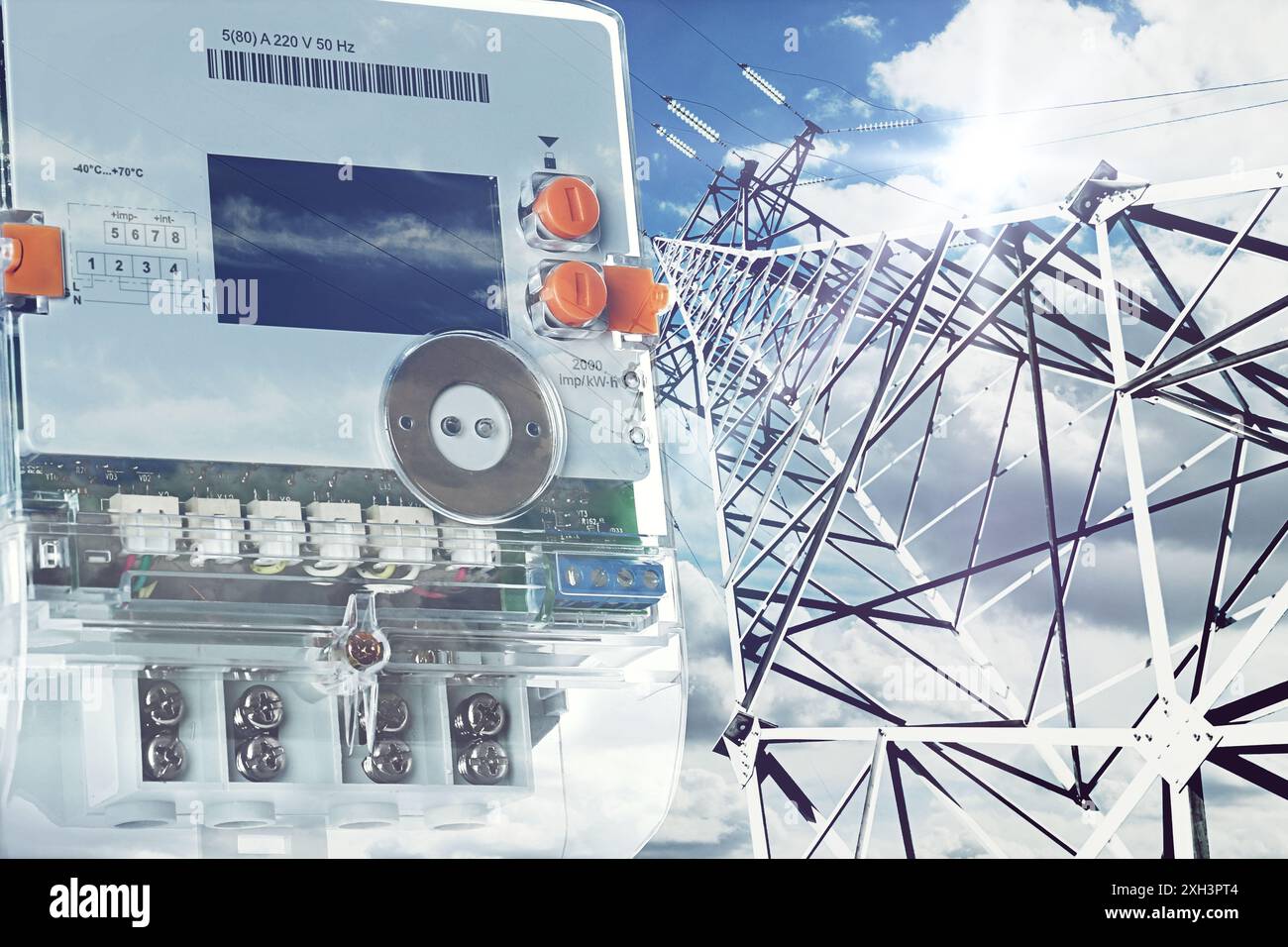 Electricity meter and high voltage towers, double exposure Stock Photo ...