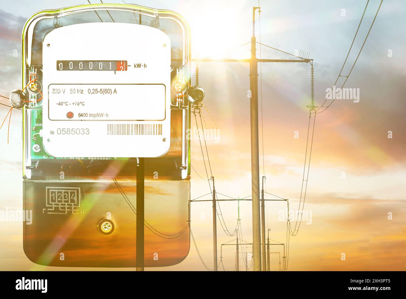 Electricity meter and poles with cables, double exposure Stock Photo ...