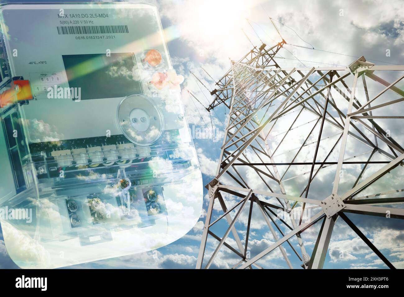 Electricity meter and high voltage tower, double exposure Stock Photo ...