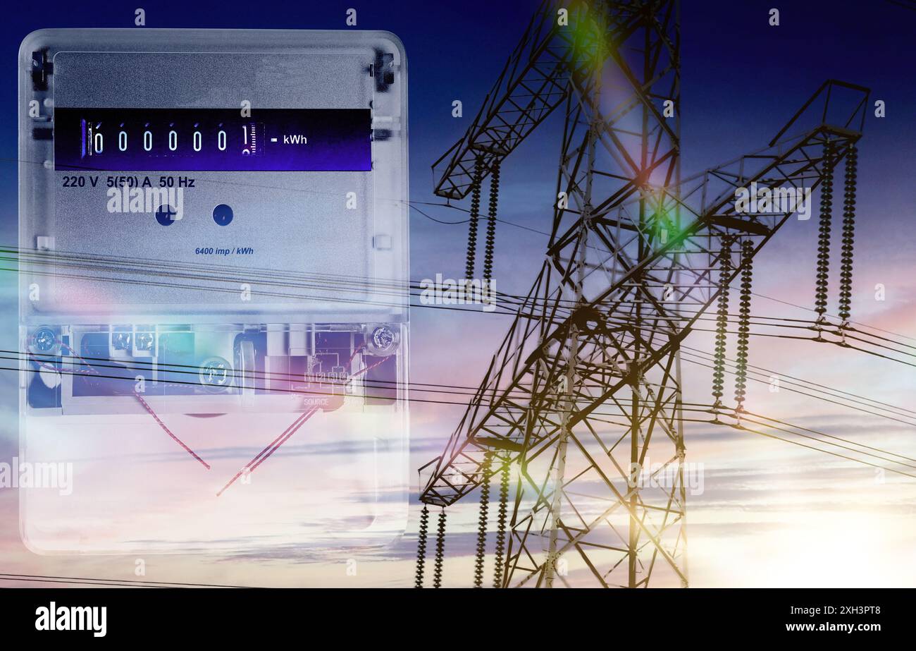 Electricity meter and high voltage tower, double exposure Stock Photo ...