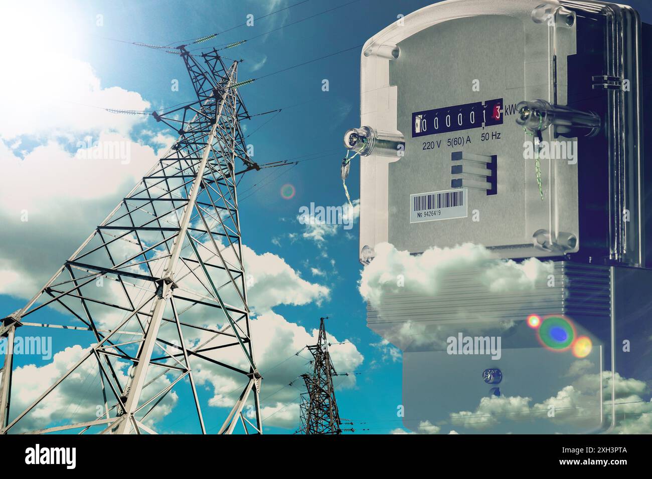 Electricity meter and high voltage towers, double exposure Stock Photo ...
