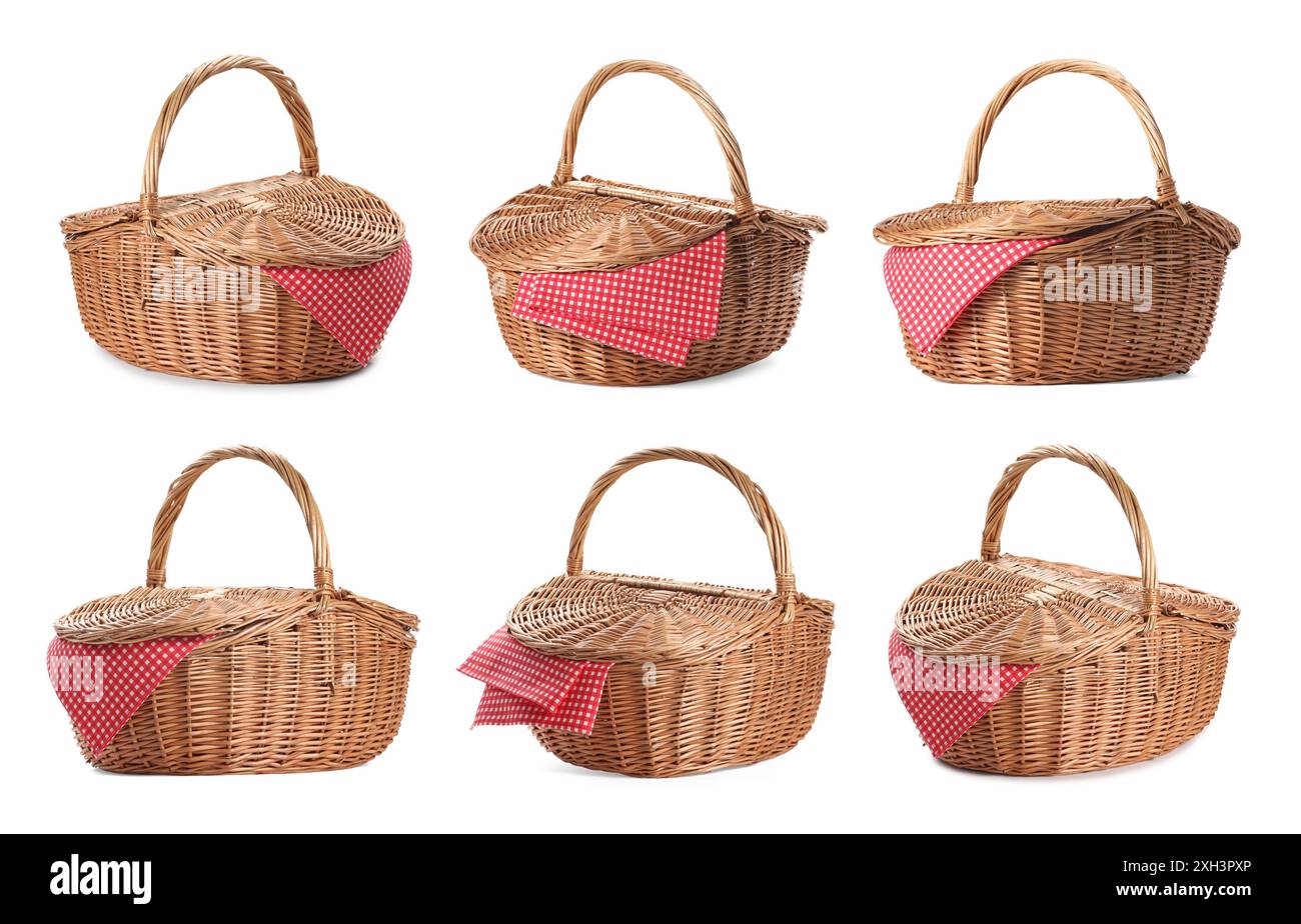 Wicker rattan basket for picnic isolated on white, collage Stock Photo ...