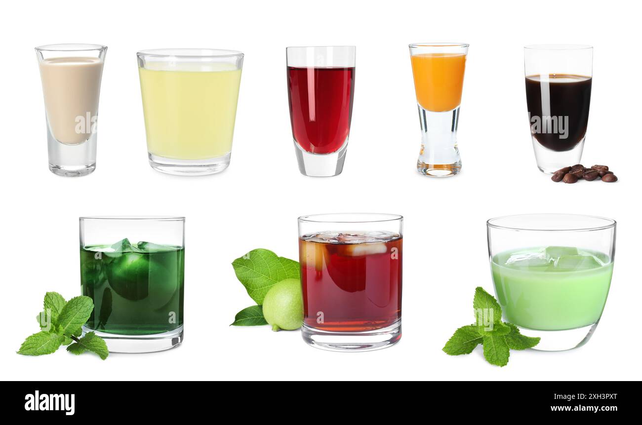 Different tasty liqueurs in glasses on white background, collection ...
