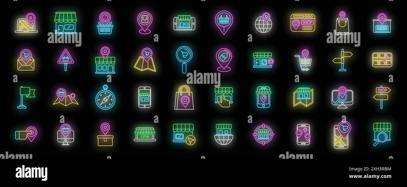 Store locator icons set outline vector. Office travel. Area map neon ...