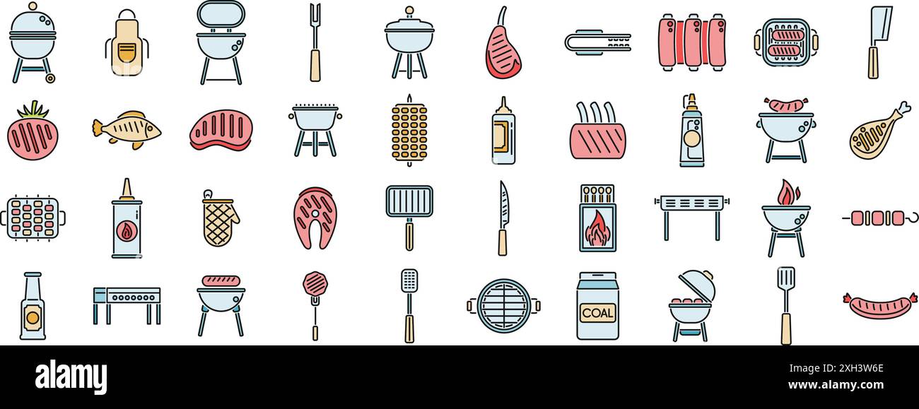 Grill icons set outline vector. Round cooking. Food bbq thin line color ...