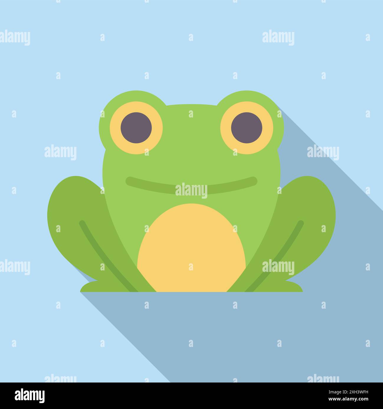 Illustration of a green smiling frog sitting with long shadow on a blue ...