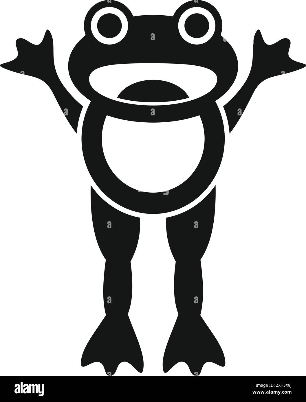 Cartoon frog is waving with its arms raised, showing a big smile and ...