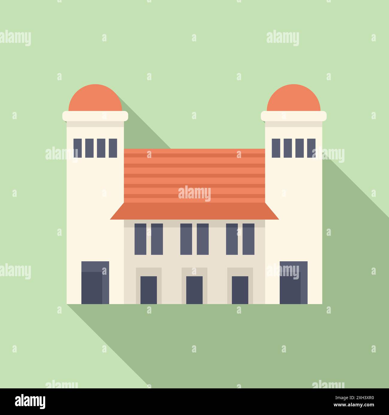 Exterior view of a modern town hall building with two towers and a red ...