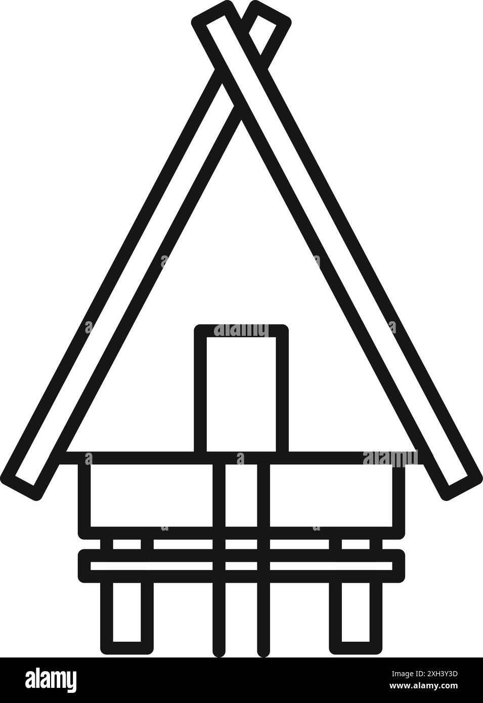 Simple line art icon of a wooden hut standing on stilts over water ...