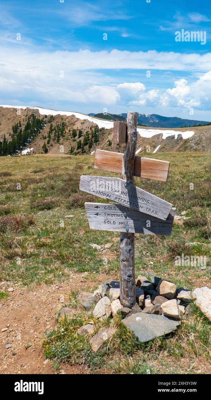 Trail junction with trail signs on Gold Hill in the Sangre De Cristo ...