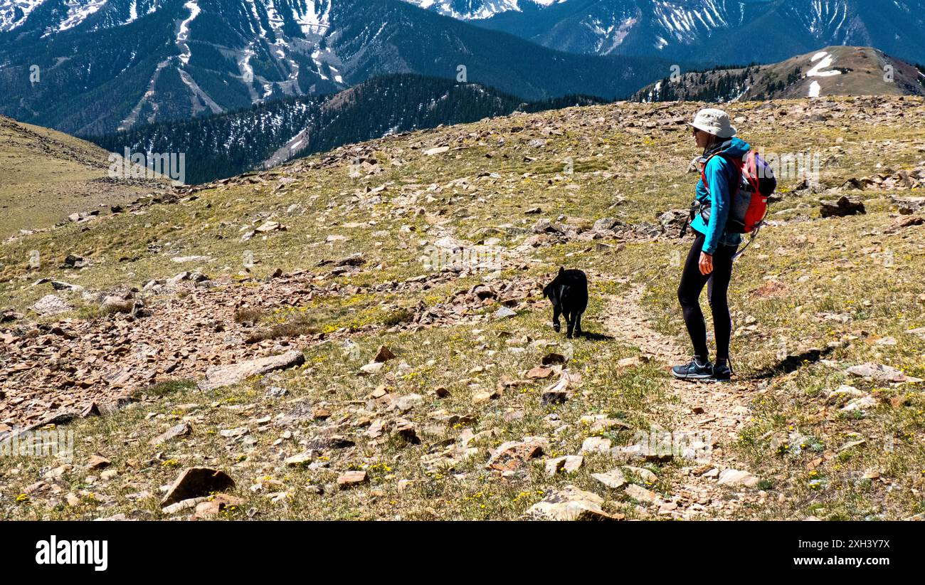 Adult single woman hiking with her black lab on Gold Hill mountain in ...