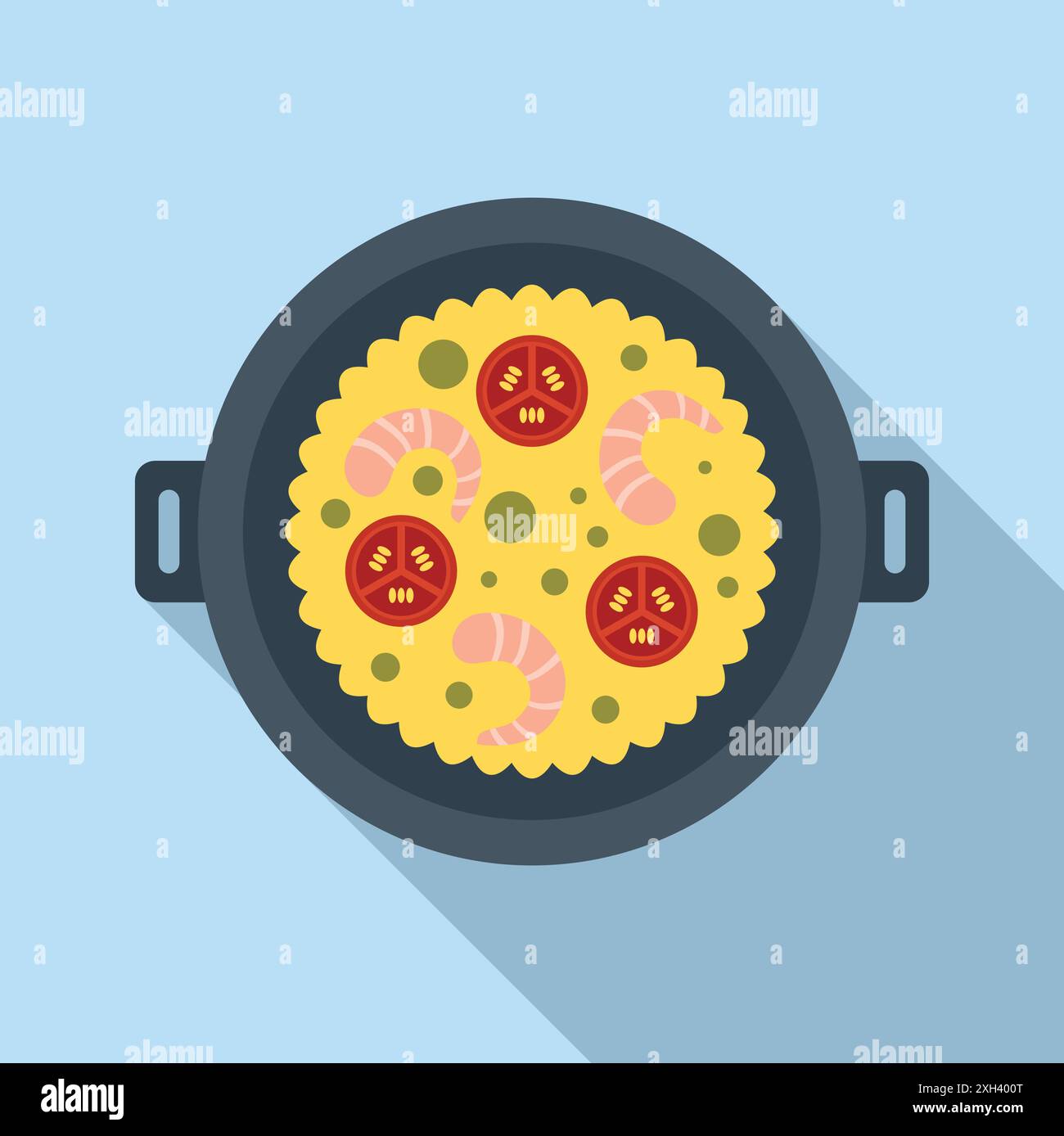 Traditional spanish paella cooking in a pan with rice, shrimp, and ...