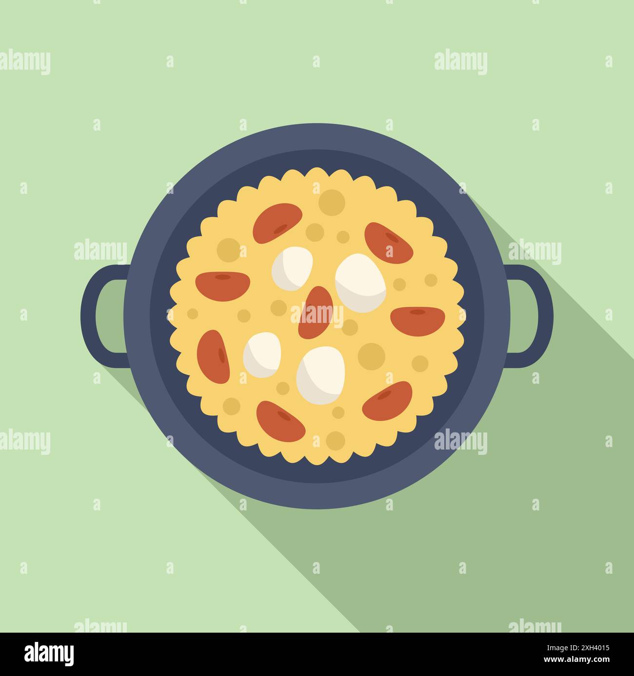 Spanish paella dish cooking in a pan with chorizo and rice Stock Vector ...