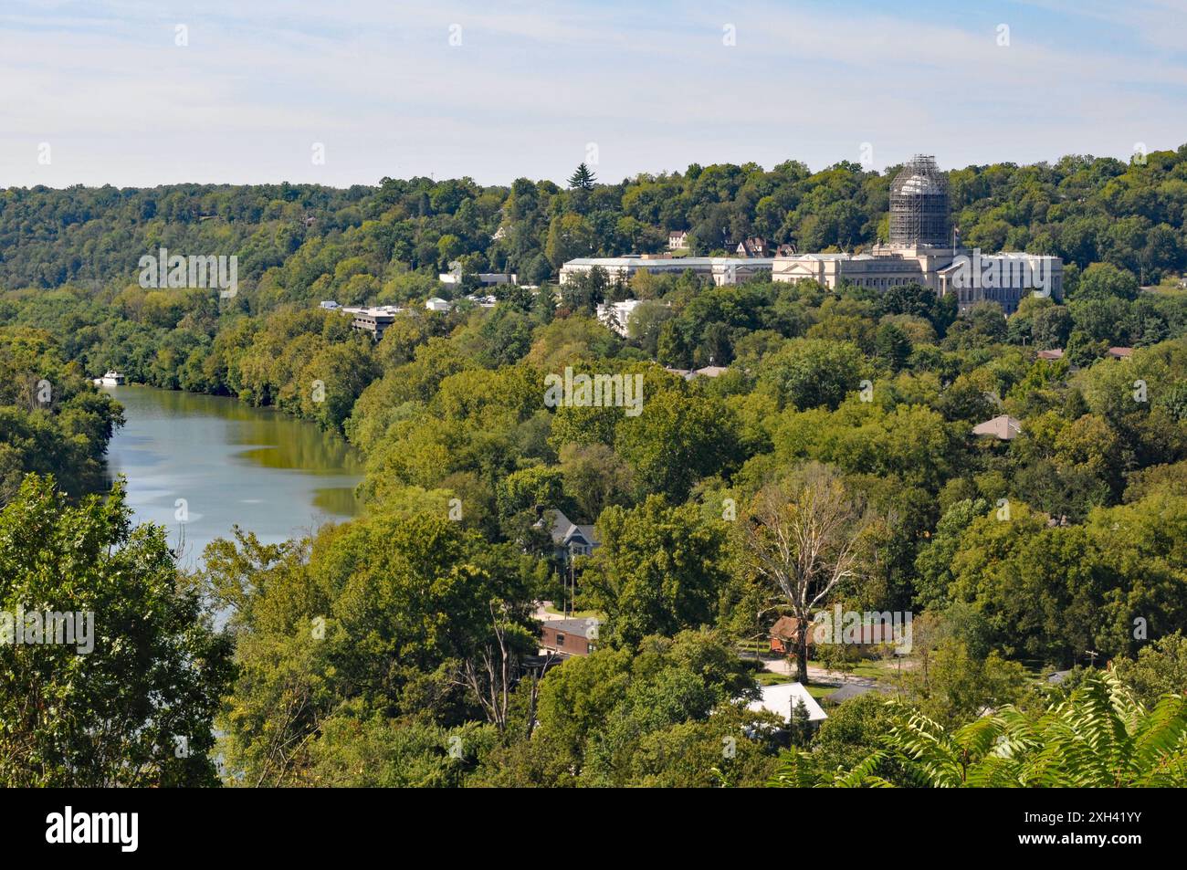 The historic Kentucky State Capitol, its dome under scaffolding, sits ...