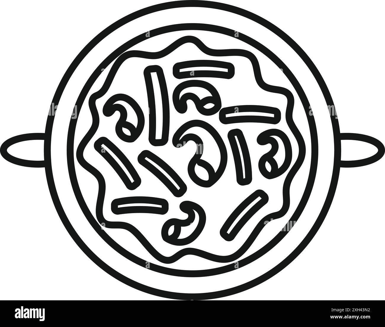 Cooking pot containing mushrooms and green beans, seen from above, in ...