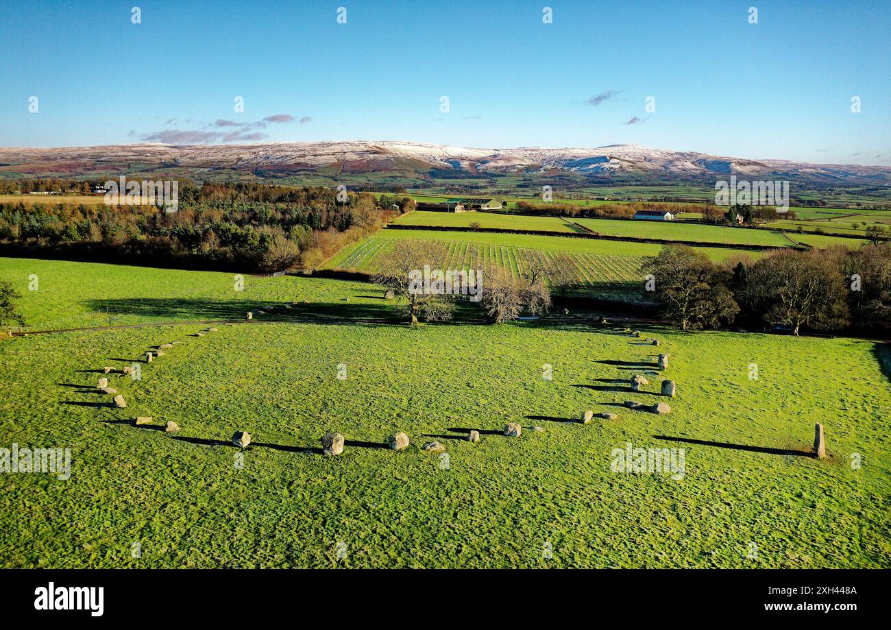 Long Meg and Her Daughters stone circle. Prehistoric Neolithic monument ...