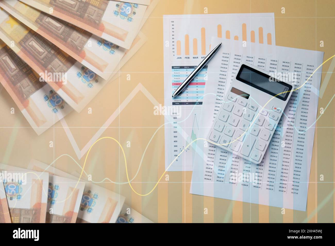 Budget concept. Graphs, calculator and euro banknotes, multiple ...