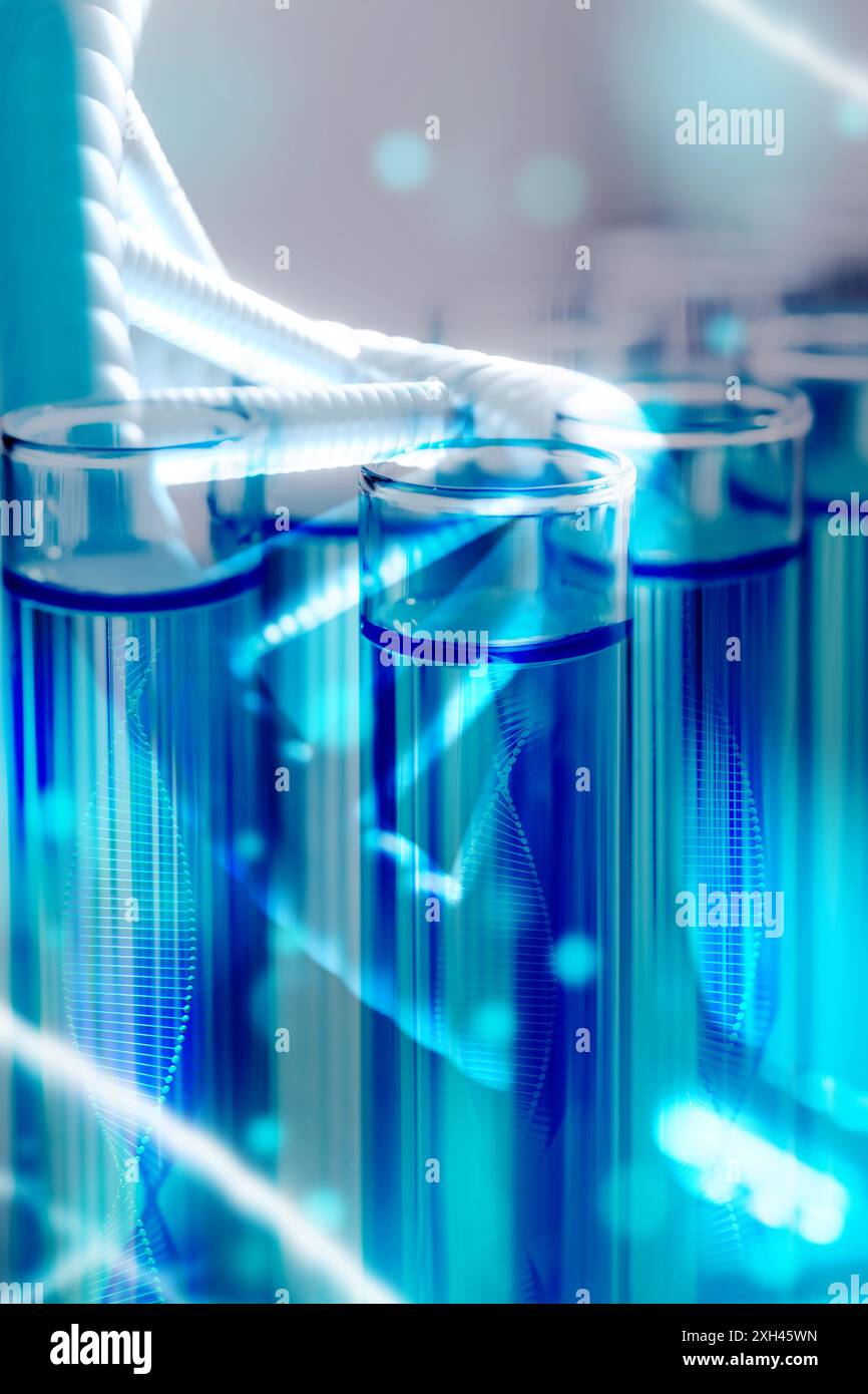 Illustrations of DNA and test tubes with samples, double exposure Stock ...