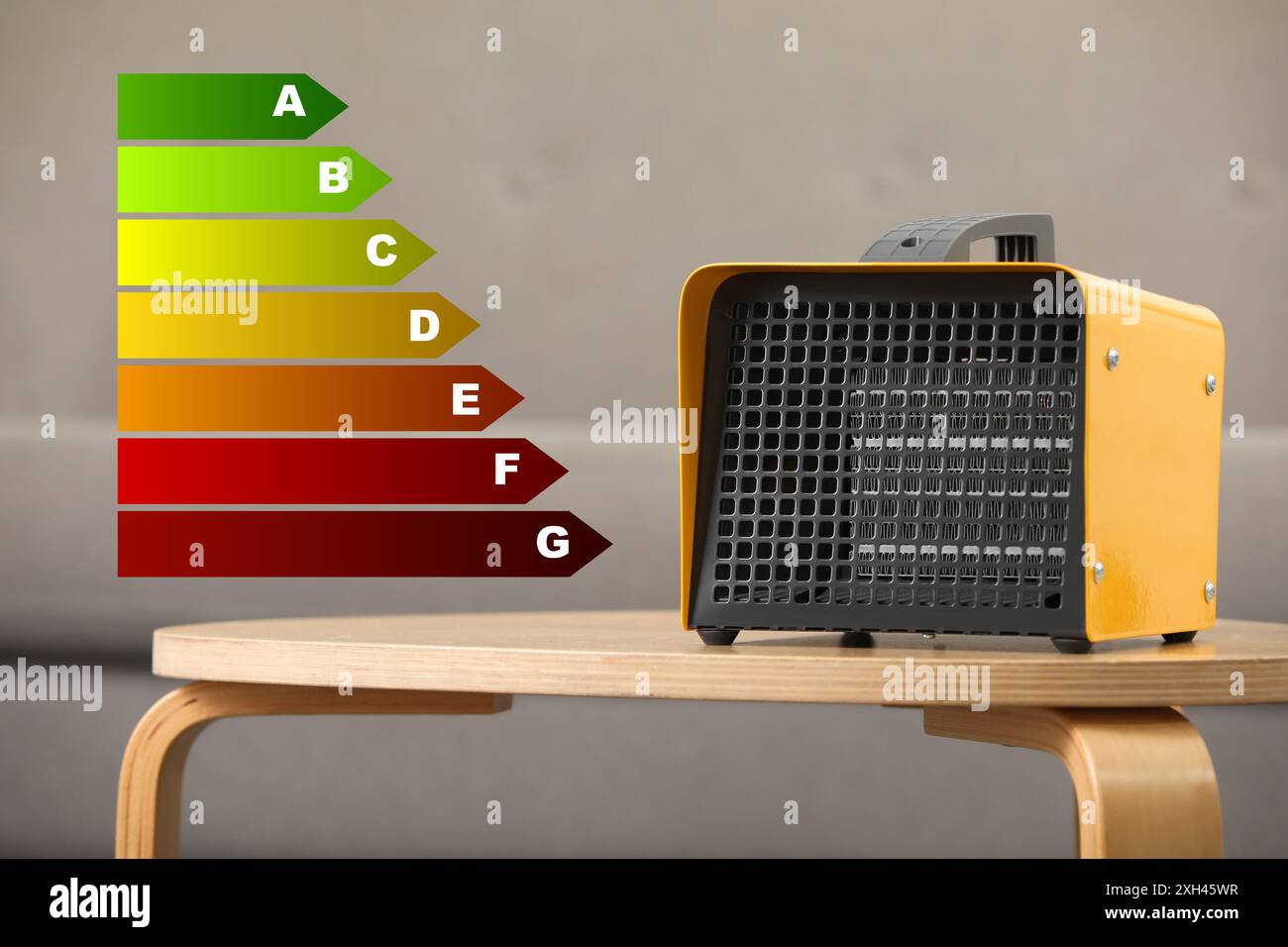 Energy efficiency rating label and electric fan heater in room Stock ...