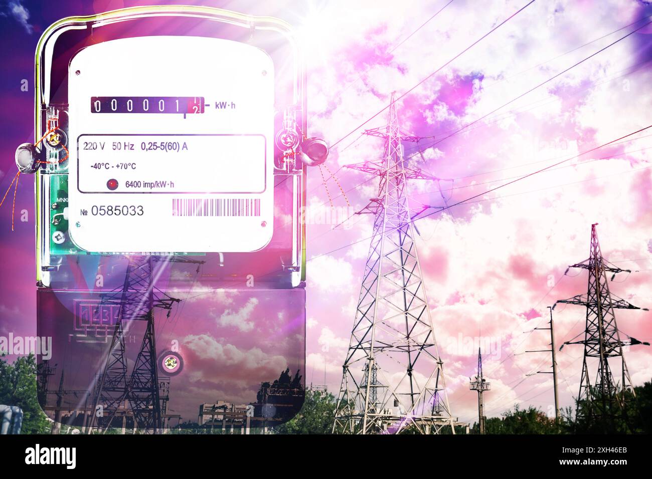 Electricity meter and high voltage towers, double exposure Stock Photo ...