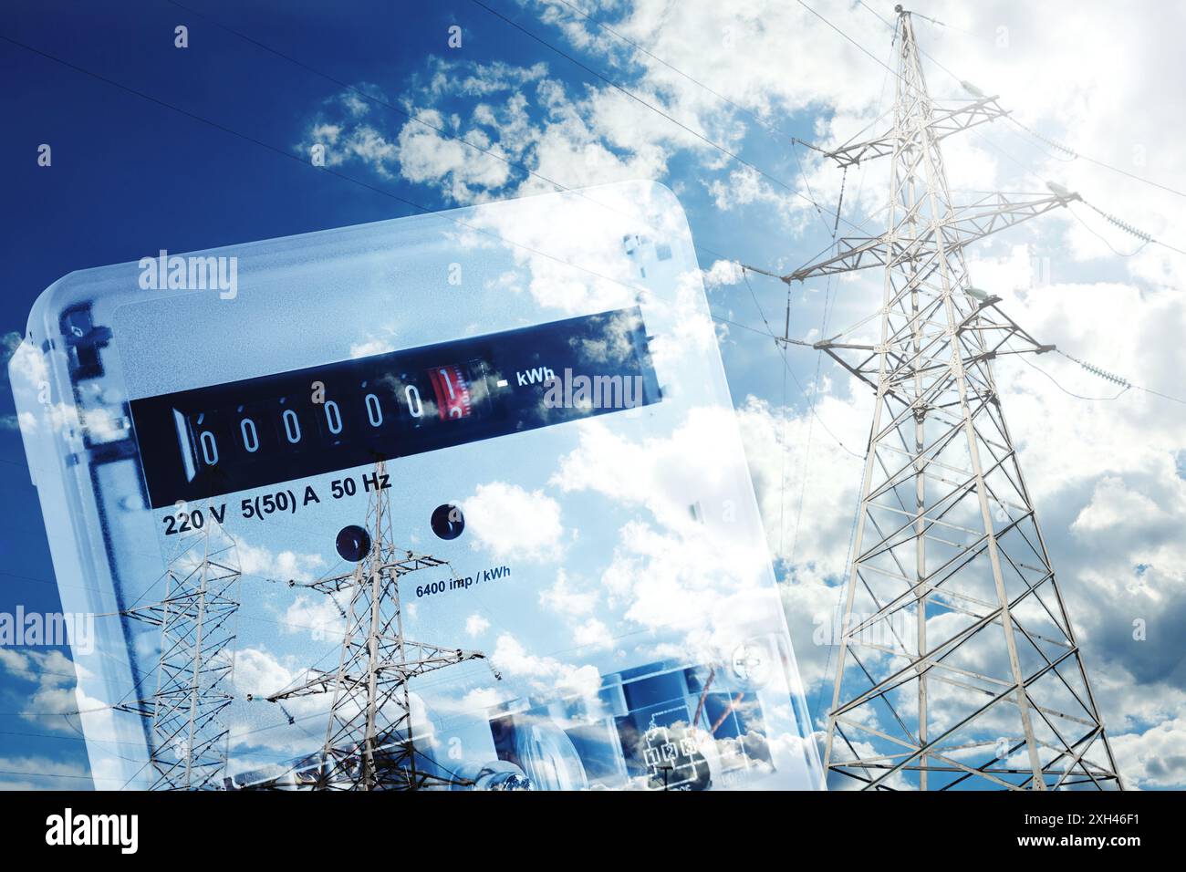 Electricity meter and high voltage towers, double exposure Stock Photo ...