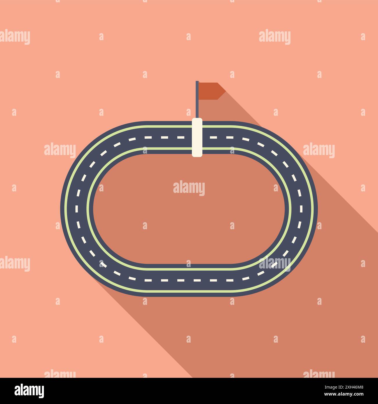 Overhead view of an oval race track starting line with checkered flag marking beginning of ...